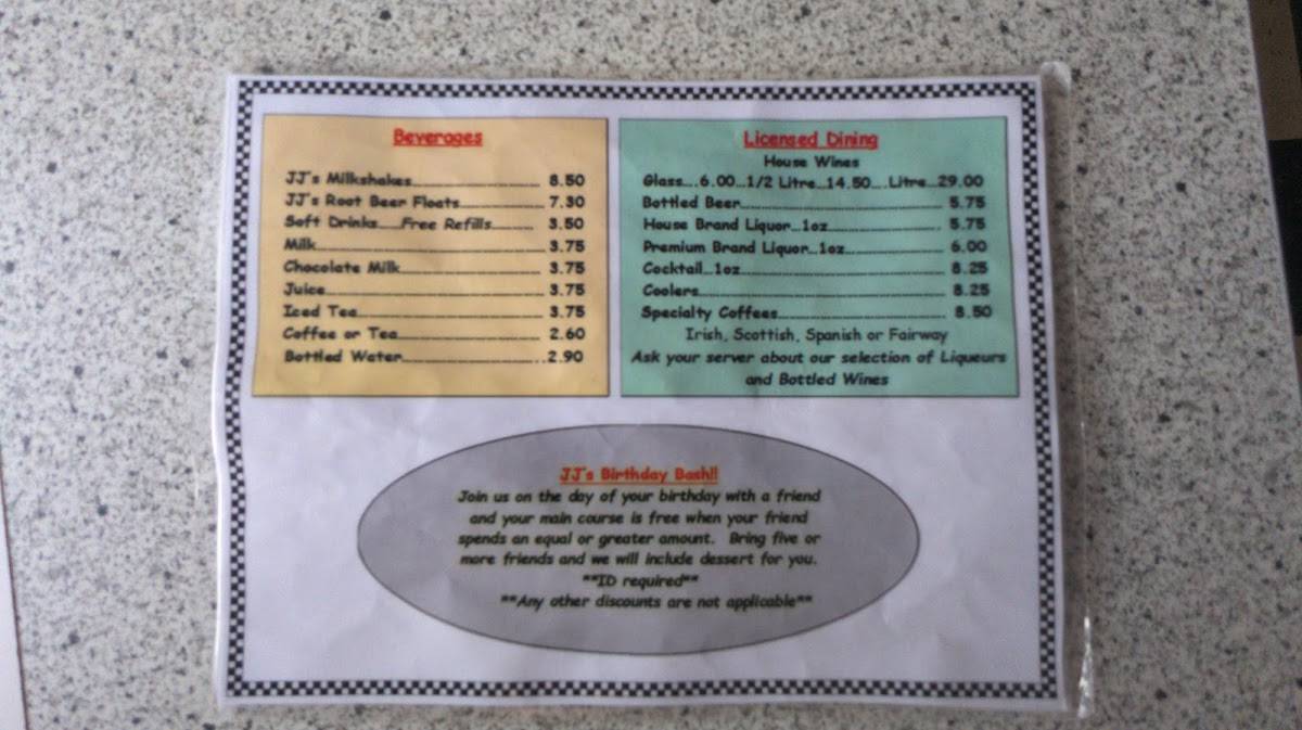 Menu at JJ's Diner restaurant, Sussex
