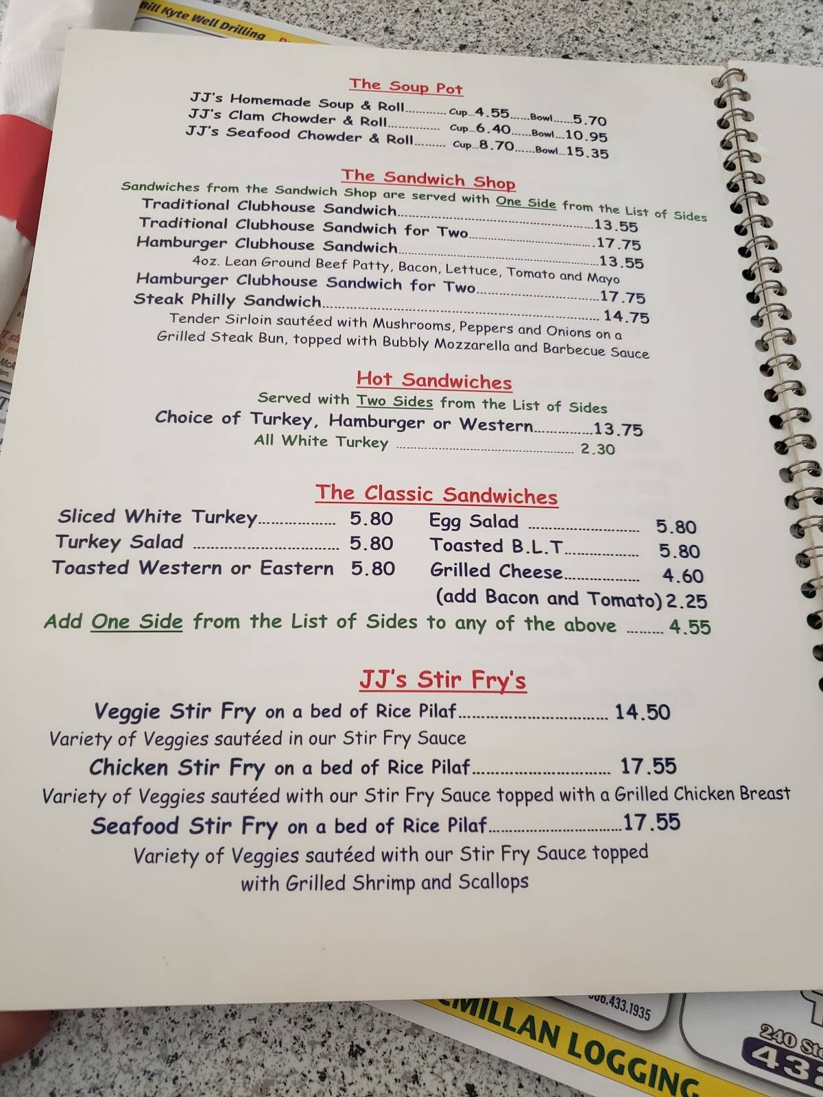 Menu at JJ's Diner restaurant, Sussex