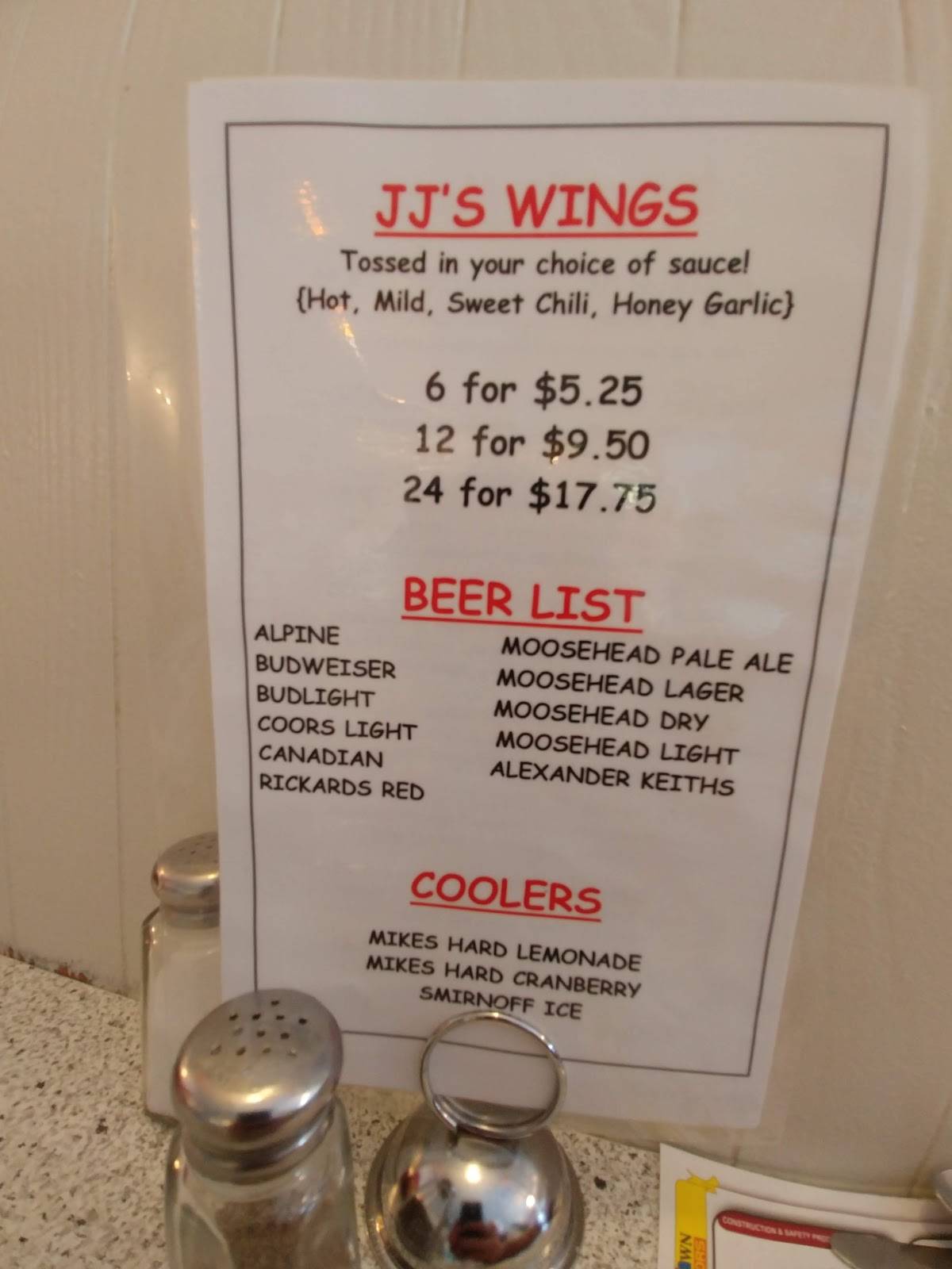 Menu at JJ's Diner restaurant, Sussex