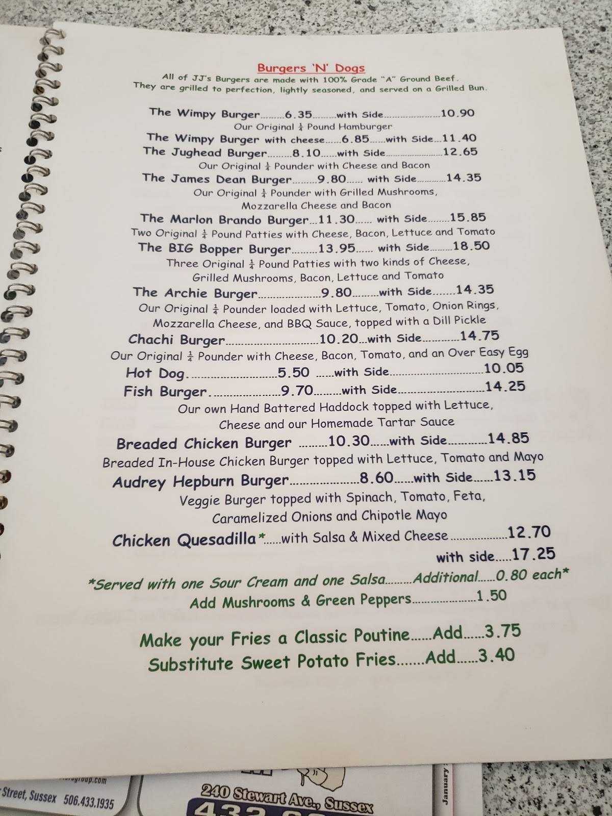 Menu at JJ's Diner restaurant, Sussex