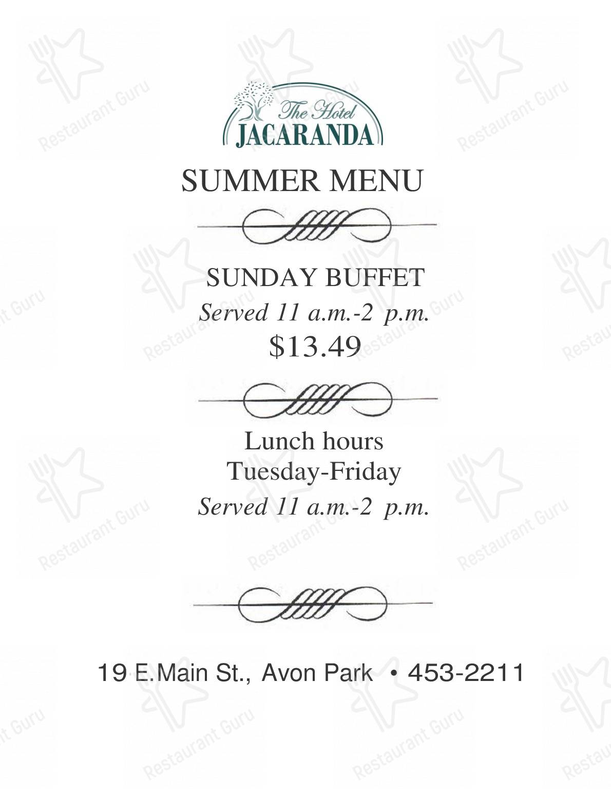 Menu at Jacaranda Hotel pub & bar, Grafton