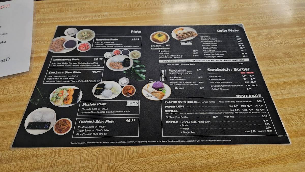 Menu at Jackie's Diner restaurant, Aiea