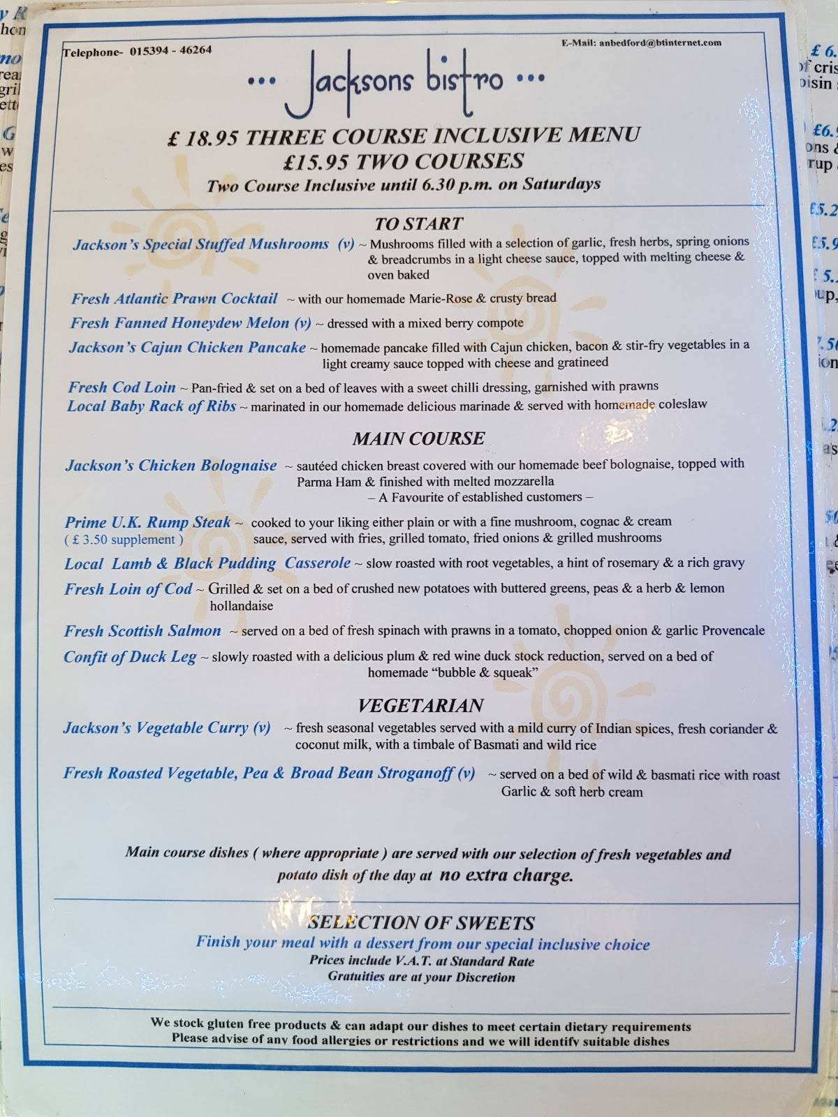 Menu at Jackson's Bistro restaurant, Windermere