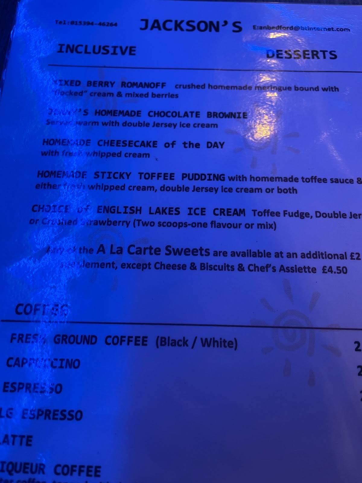 Menu at Jackson's Bistro restaurant, Windermere