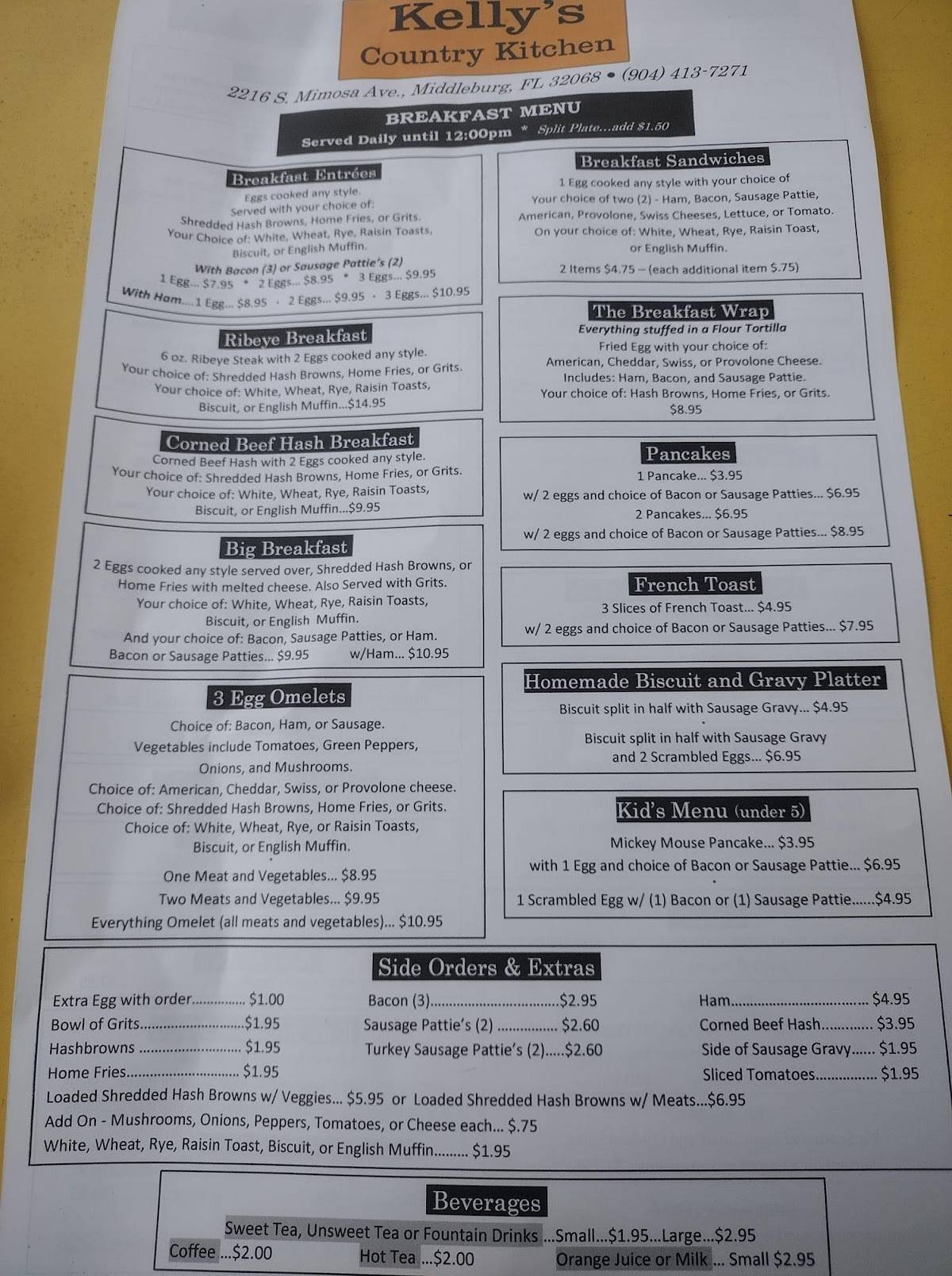 Menu at Kelly's Country kitchen steakhouse, Middleburg