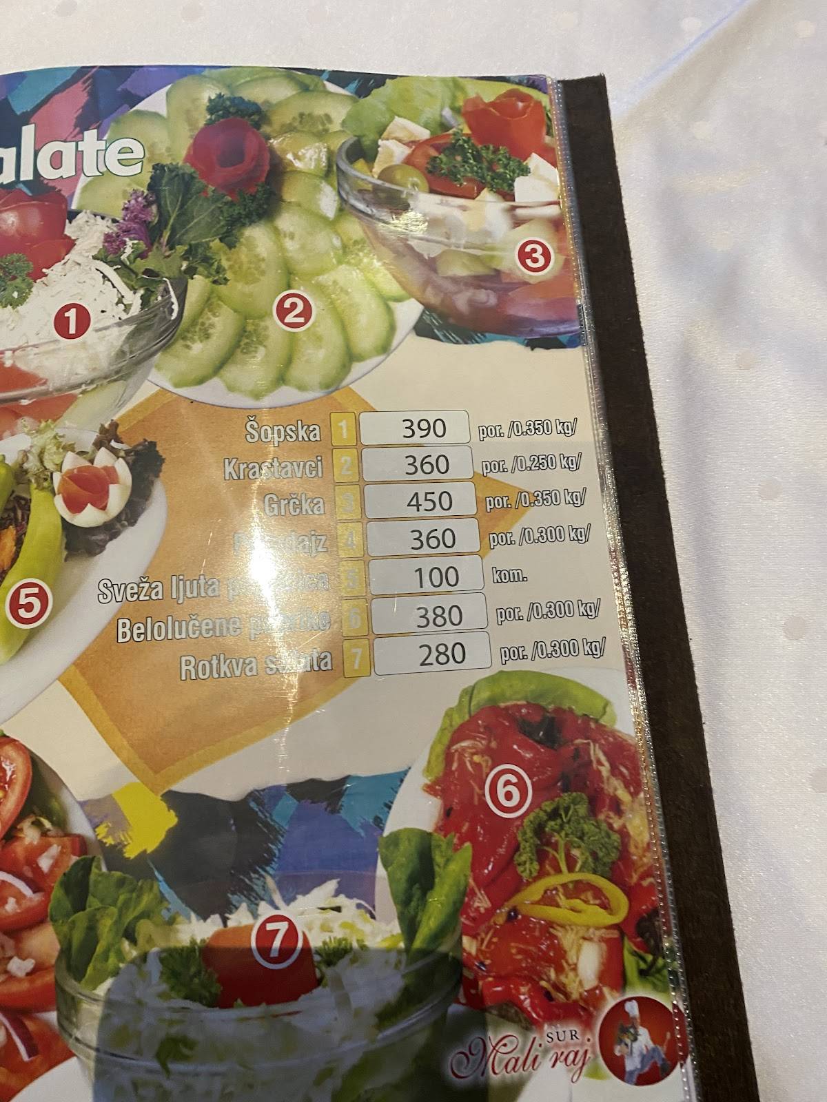 Menu at Mali Raj restaurant, Jagodina