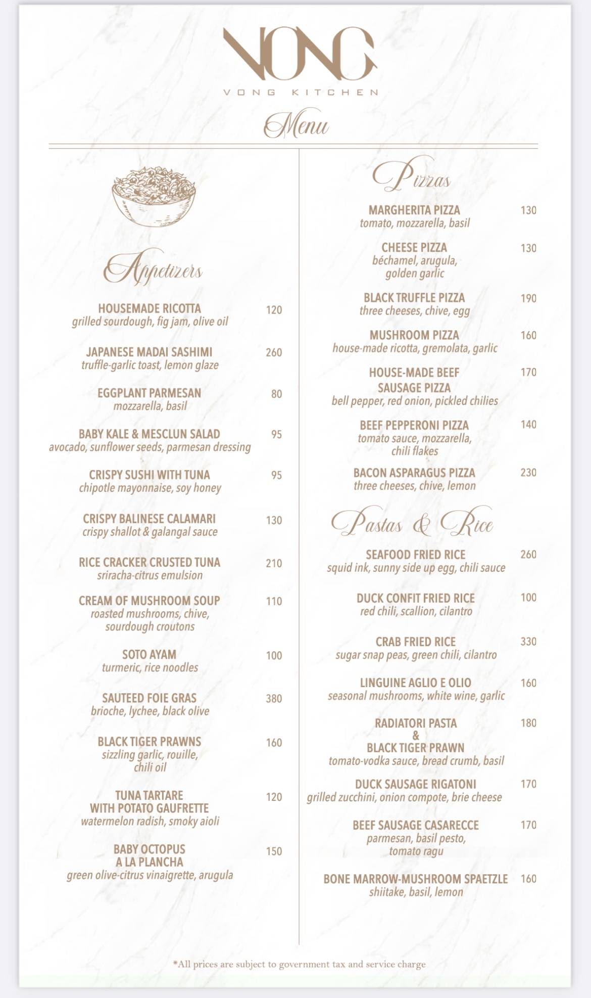 Menu at Vong Kitchen restaurant, Jakarta