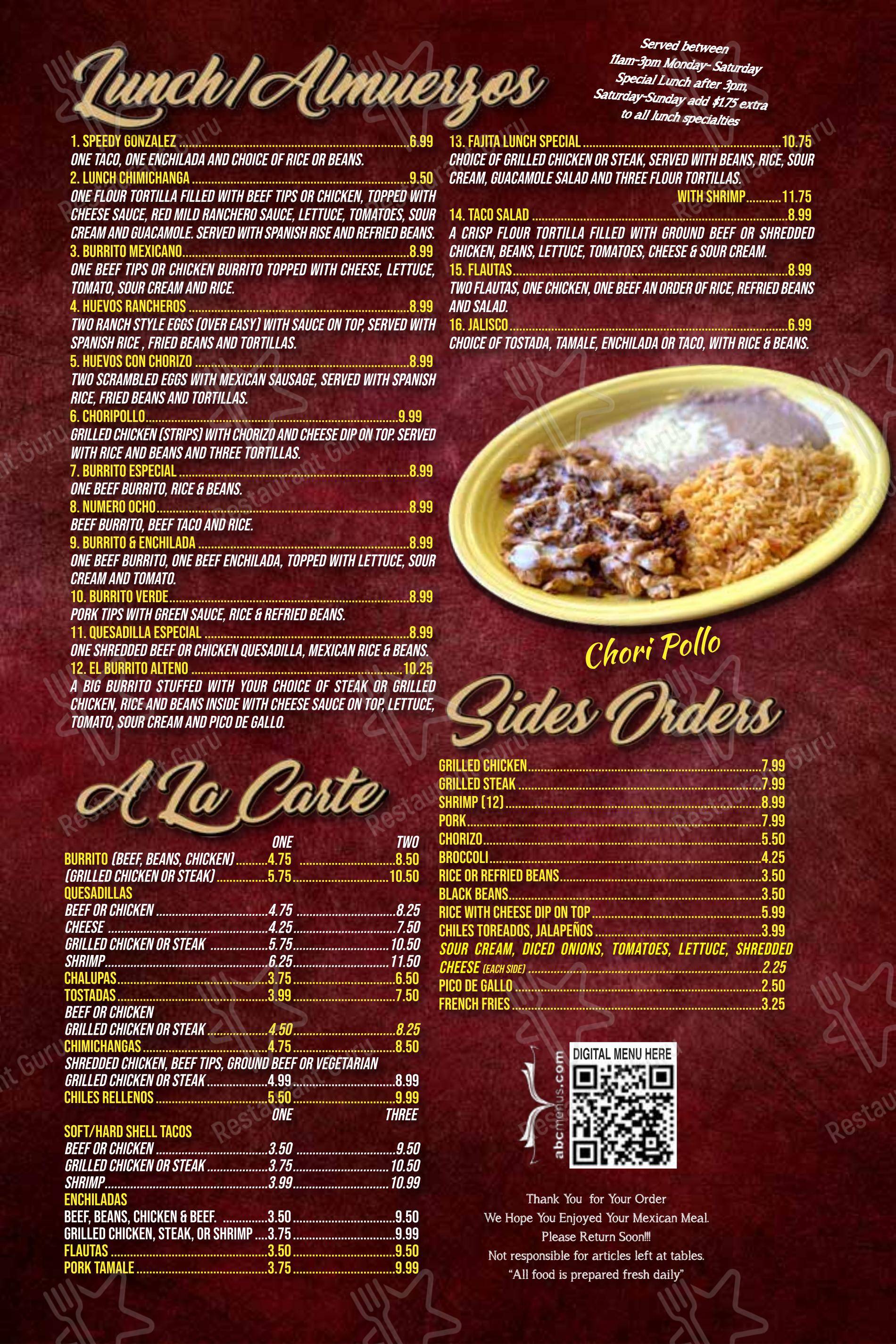 Menu at Jalisco's restaurant, Salem