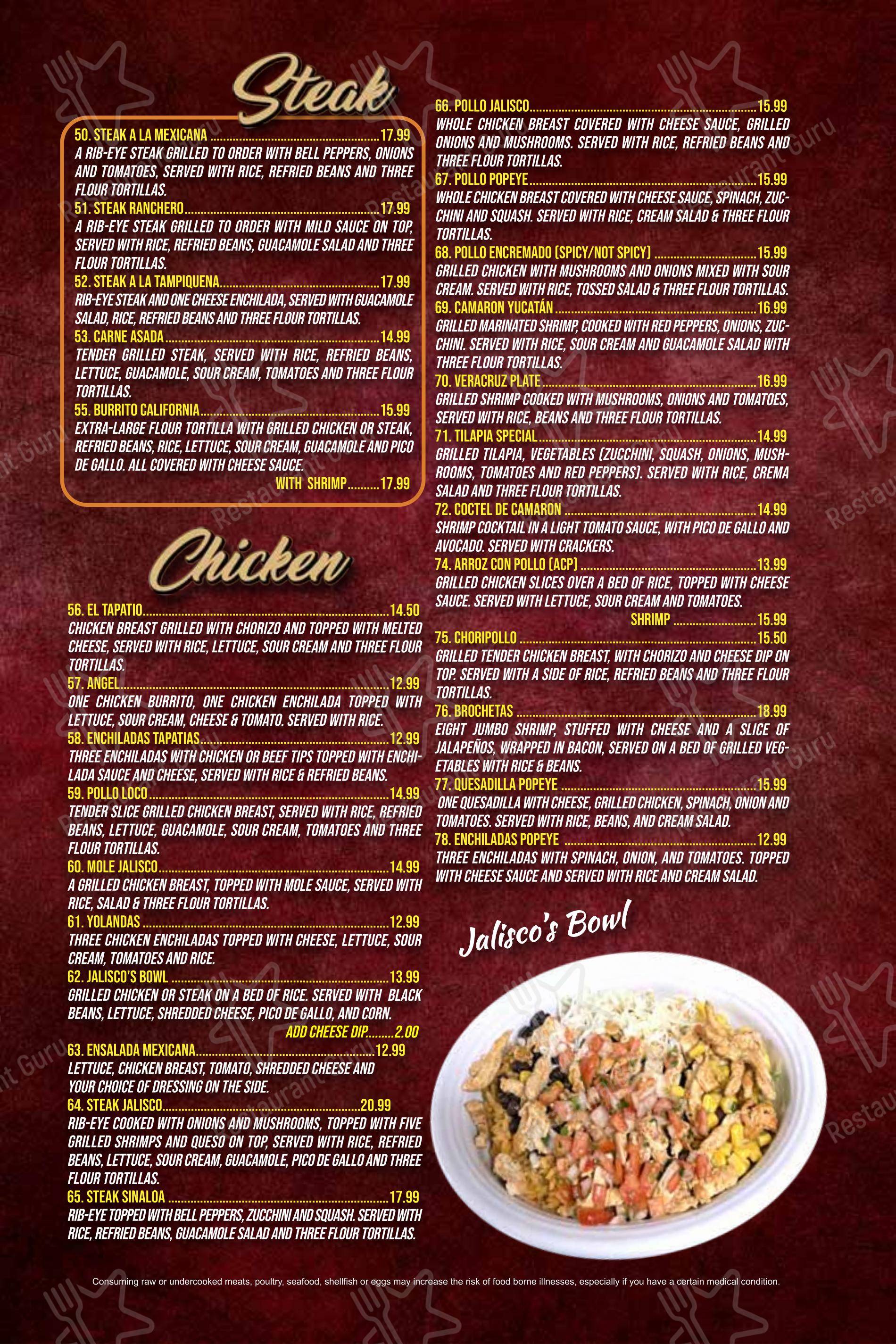 Menu at Jalisco's restaurant, Salem