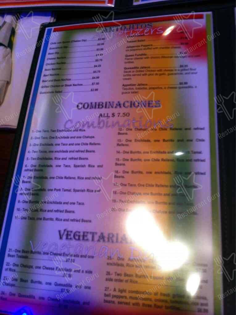 Menu at Jalisco's restaurant, Salem