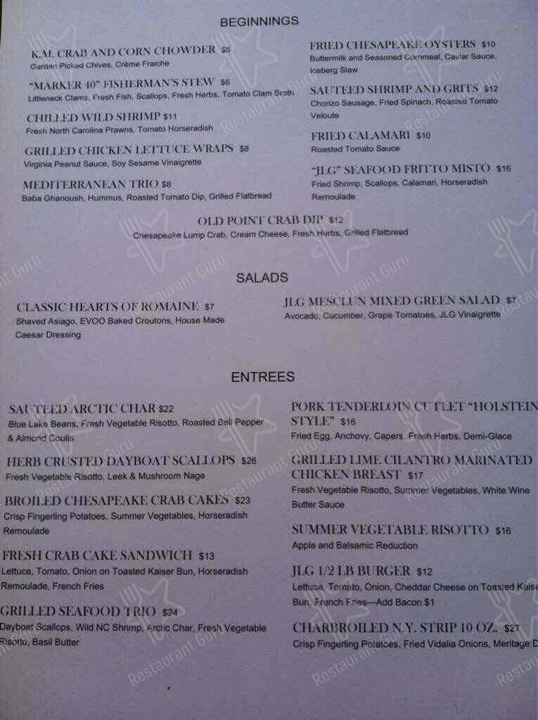 Menu at James Landing Grille restaurant, Williamsburg