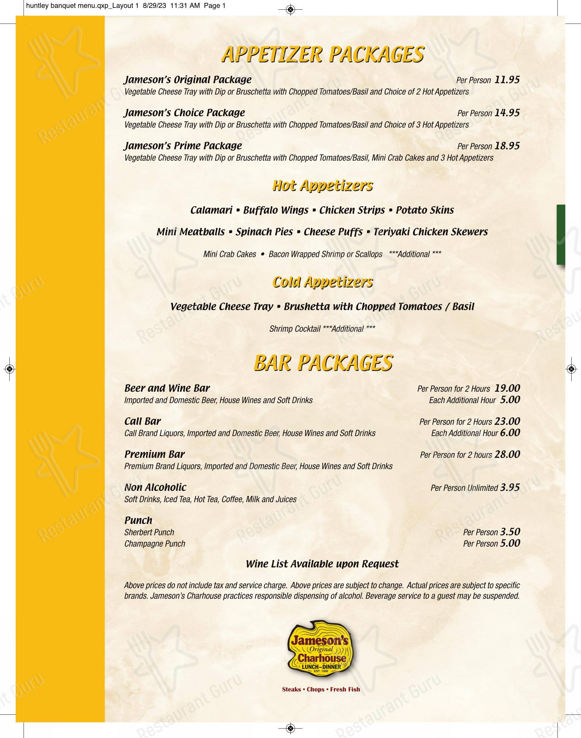 Menu at Jameson's Charhouse steakhouse, Crystal Lake