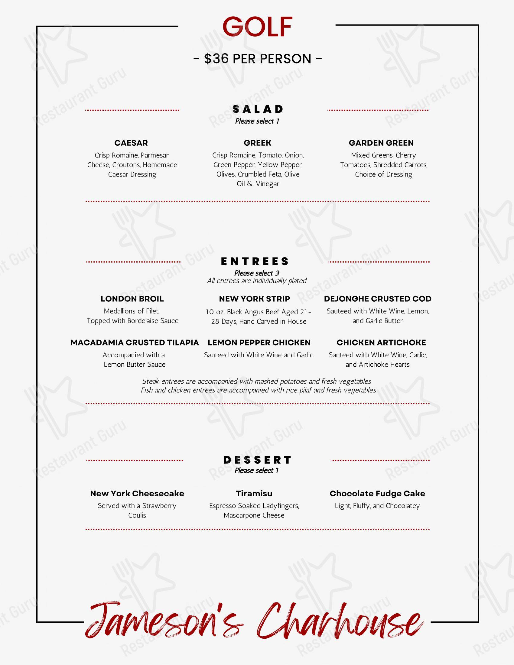 Menu at Jameson's Charhouse steakhouse, Crystal Lake