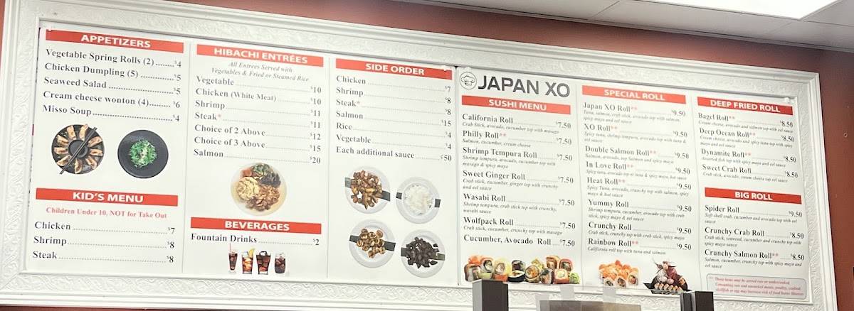 Menu at Japan XO restaurant, Raleigh