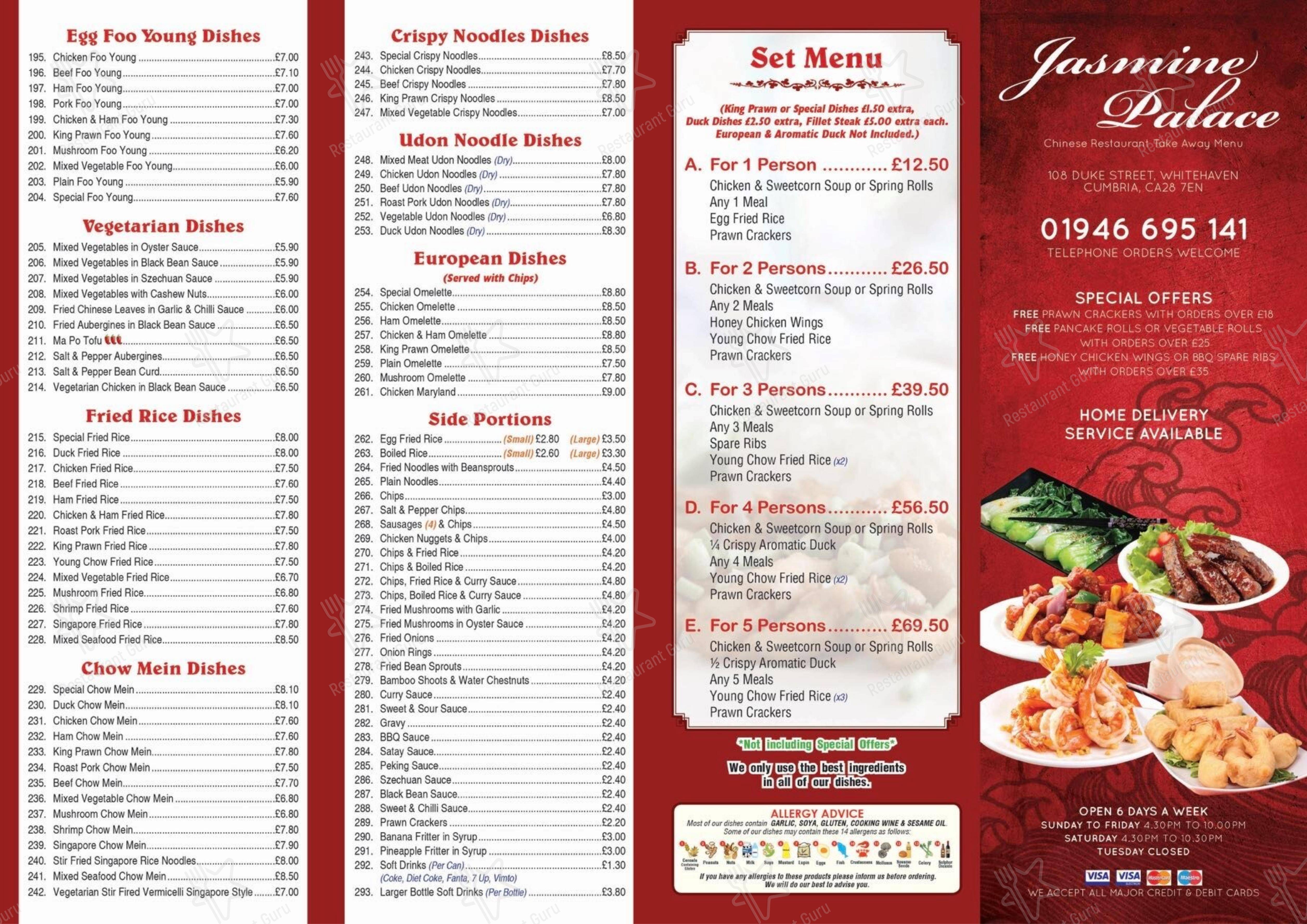 Menu at Jasmine palace restaurant, Whitehaven