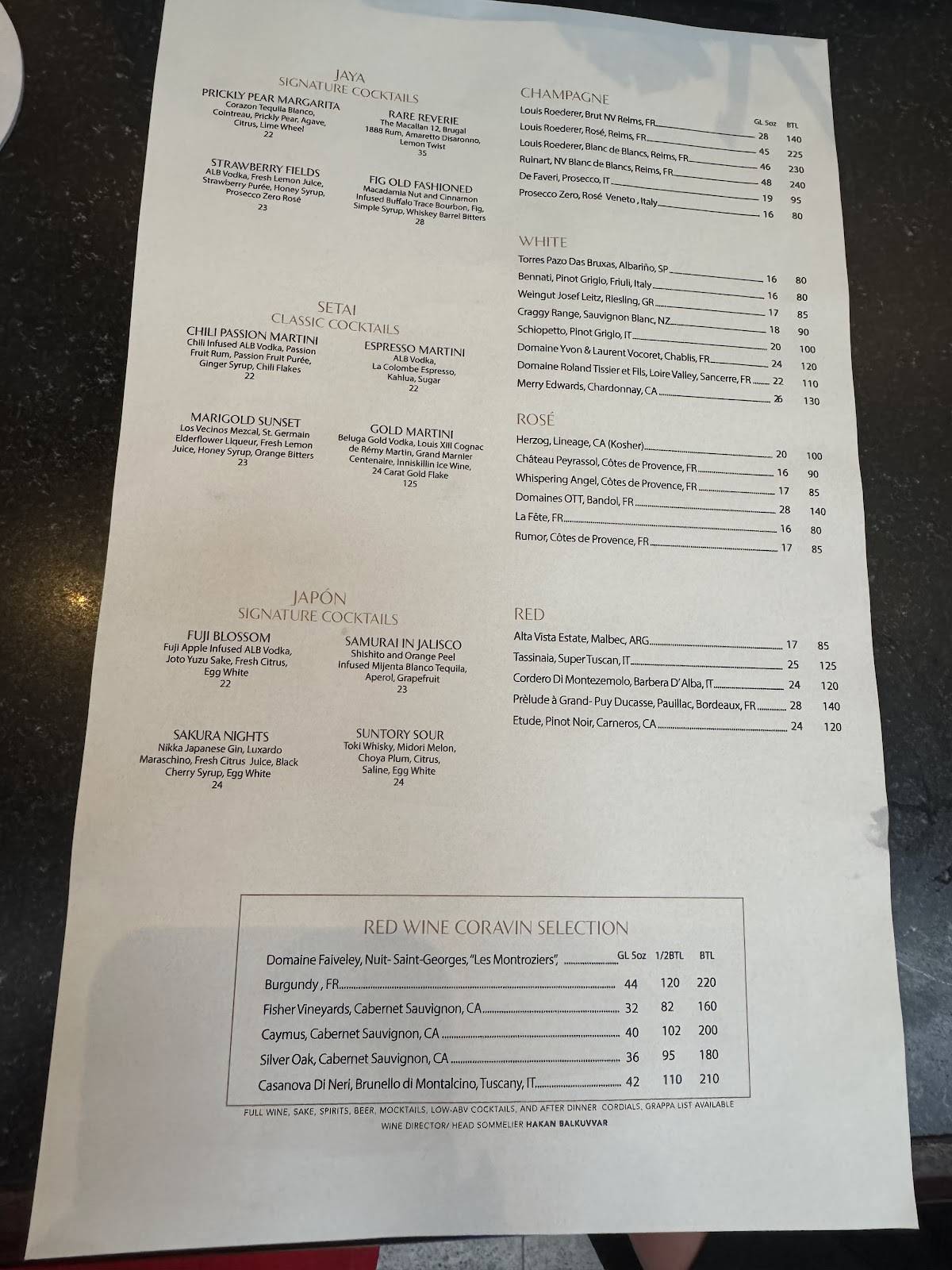 Menu at Jaya at The Setai restaurant, Miami Beach, 2001 Collins Ave