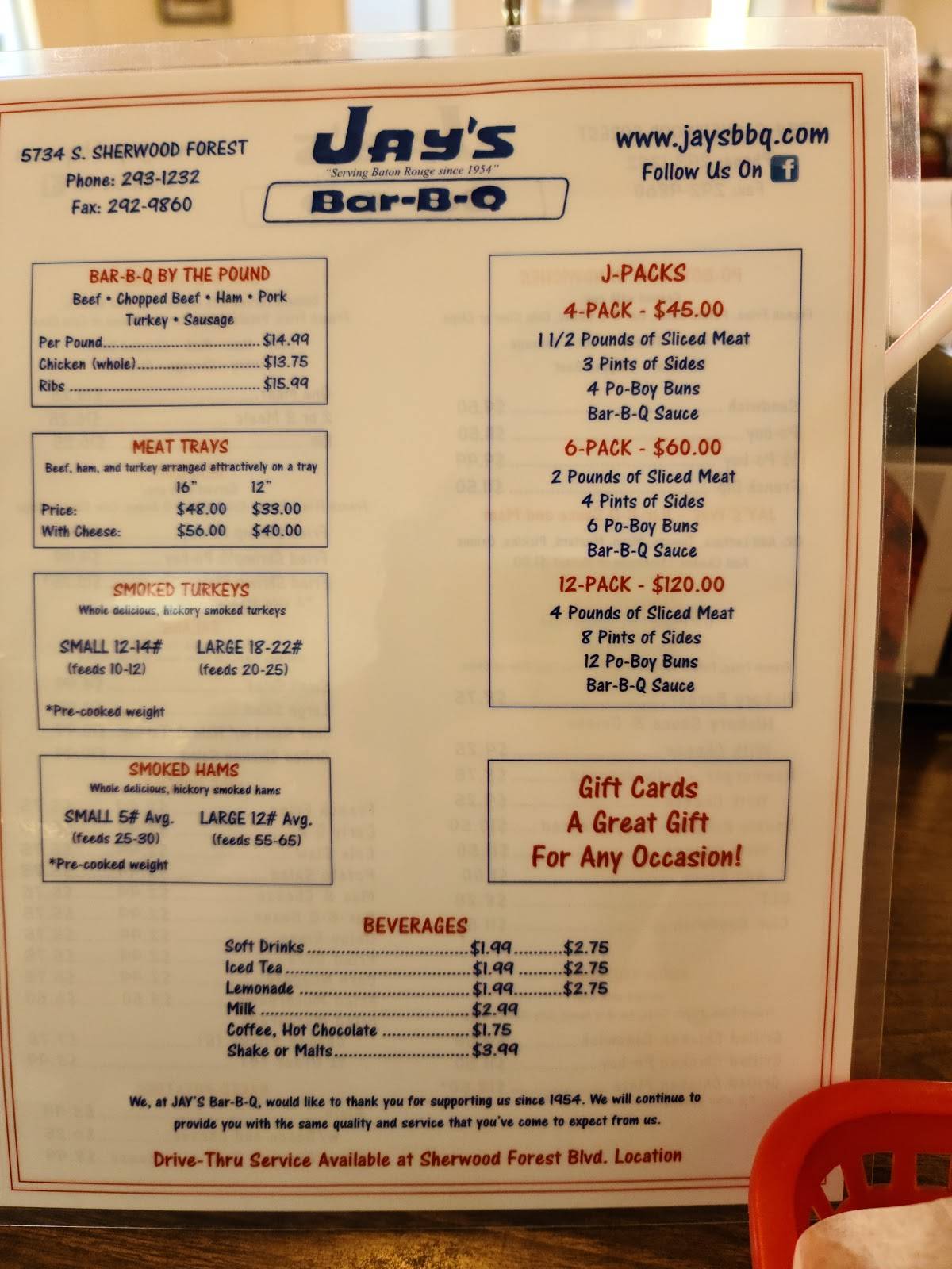 Menu at Jay's Bar-B-Q, Baton Rouge, S Sherwood Forest Blvd