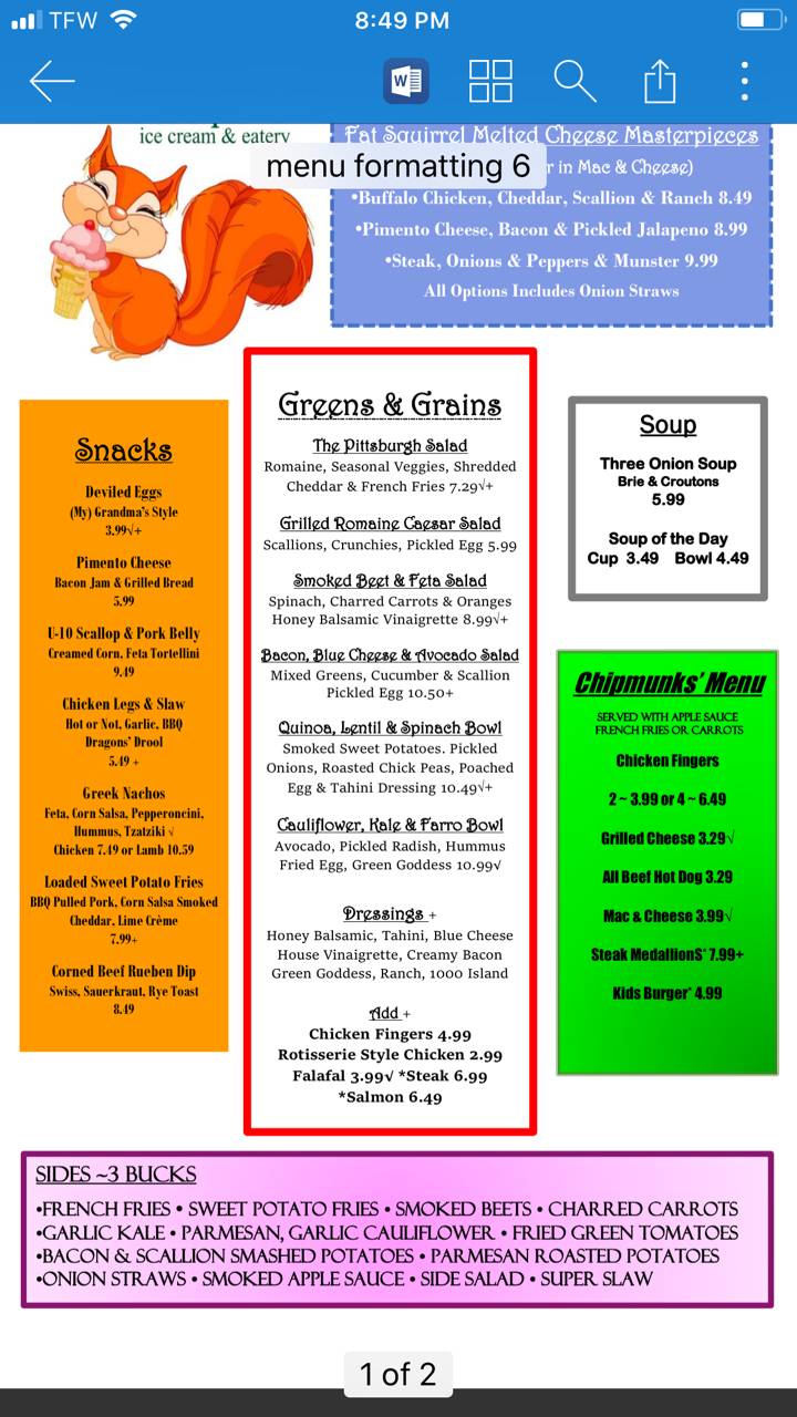 Menu at The Fat Squirrel Restaurant, Jennerstown
