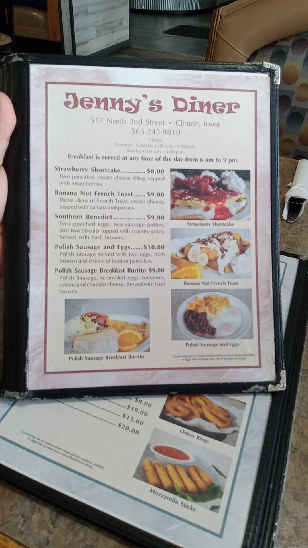 Menu at Jenny's Diner restaurant, Clinton