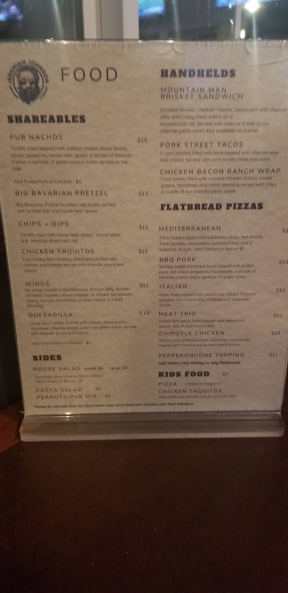 Menu at Jeremiah Johnson Brewing Company CDA Pub, Coeur d'Alene