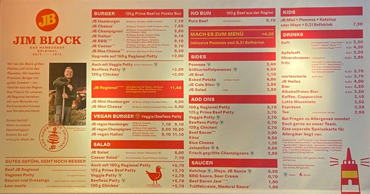 Speisekarte von Jim Block fast Food, Hannover, Georgstraße