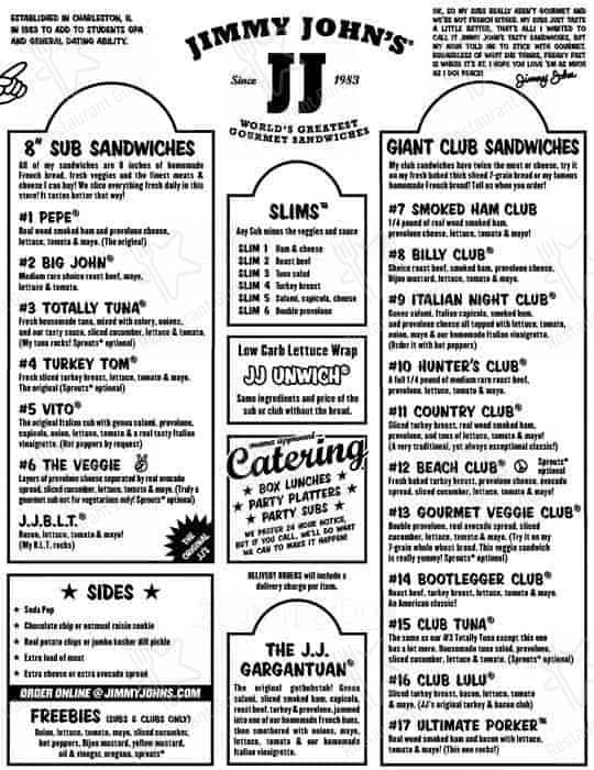 Menu at Jimmy John's fast food, Parker, S Twenty Mile Rd