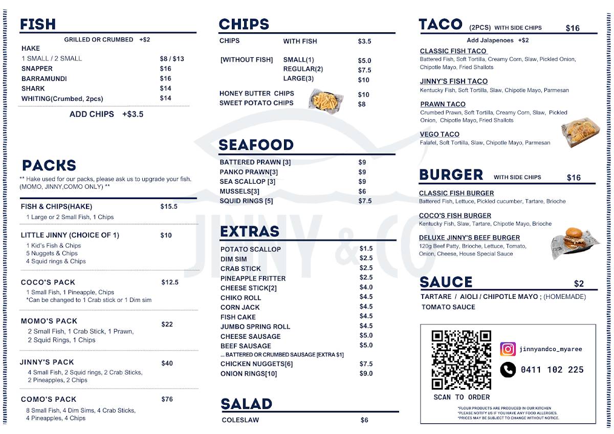 Menu at Jinny&Co Fish & Chips restaurant, Myaree
