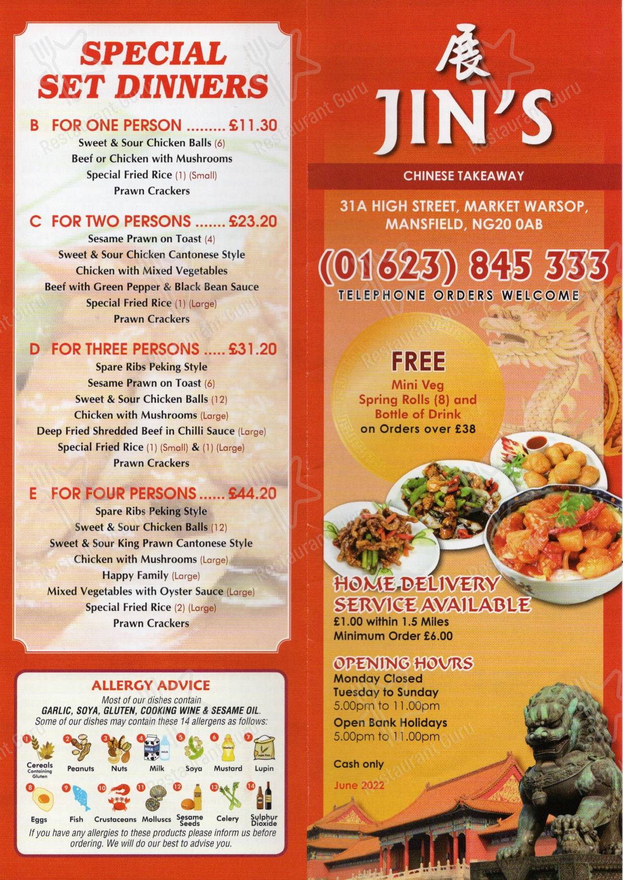 Menu at Jins fast food, Mansfield