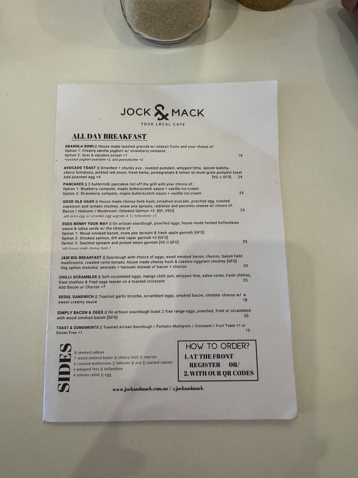 Menu at Jock + Mack cafe, Hoppers Crossing