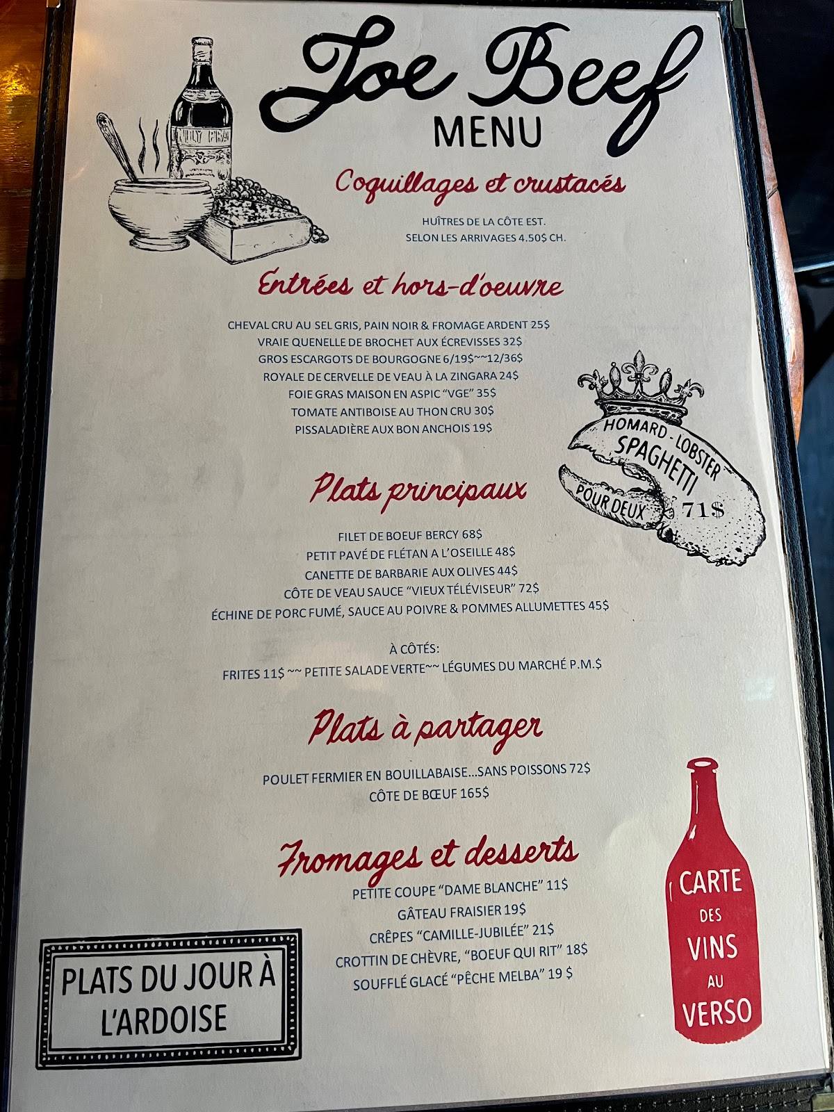 Menu at Joe Beef steakhouse, Montréal