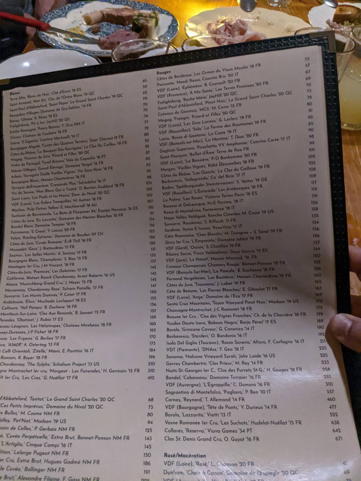 Menu at Joe Beef steakhouse, Montréal