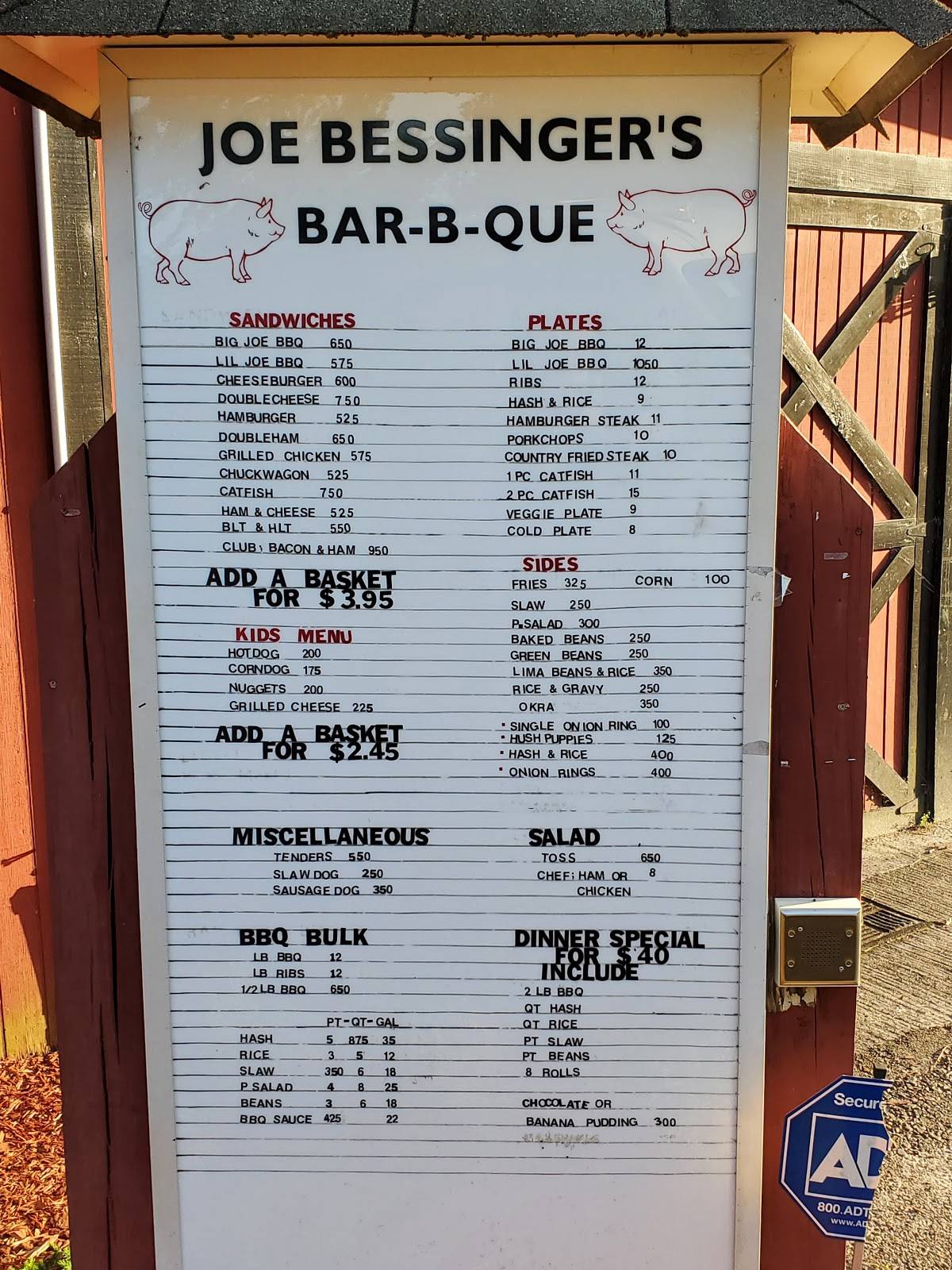 Menu at Joe Bessinger's Barbeque, Summerville