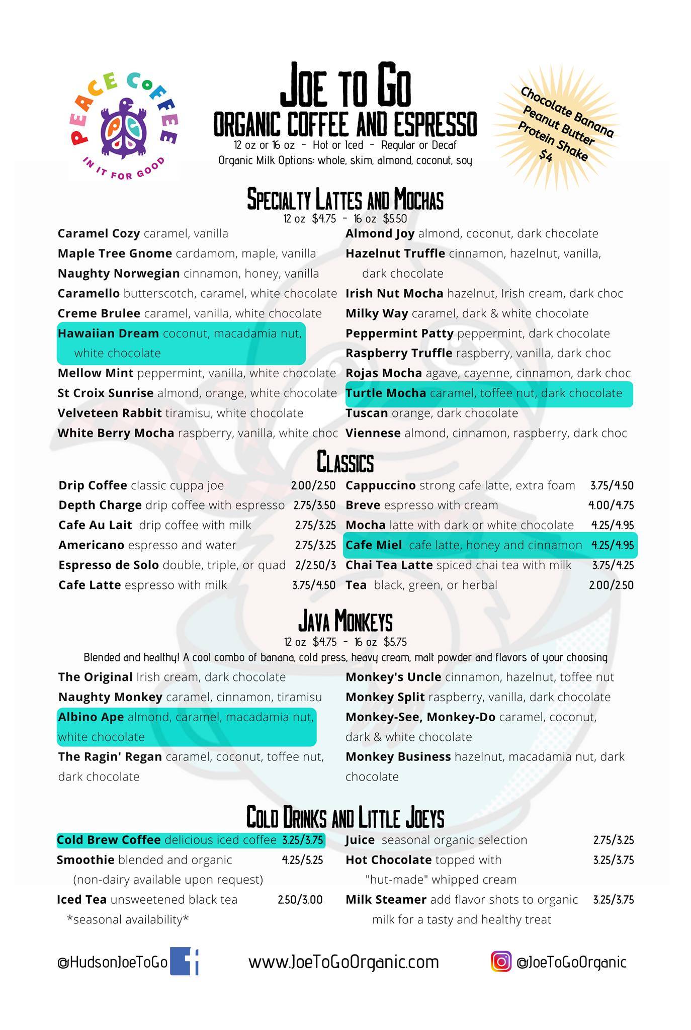 Menu at Joe To Go pub & bar, Hudson