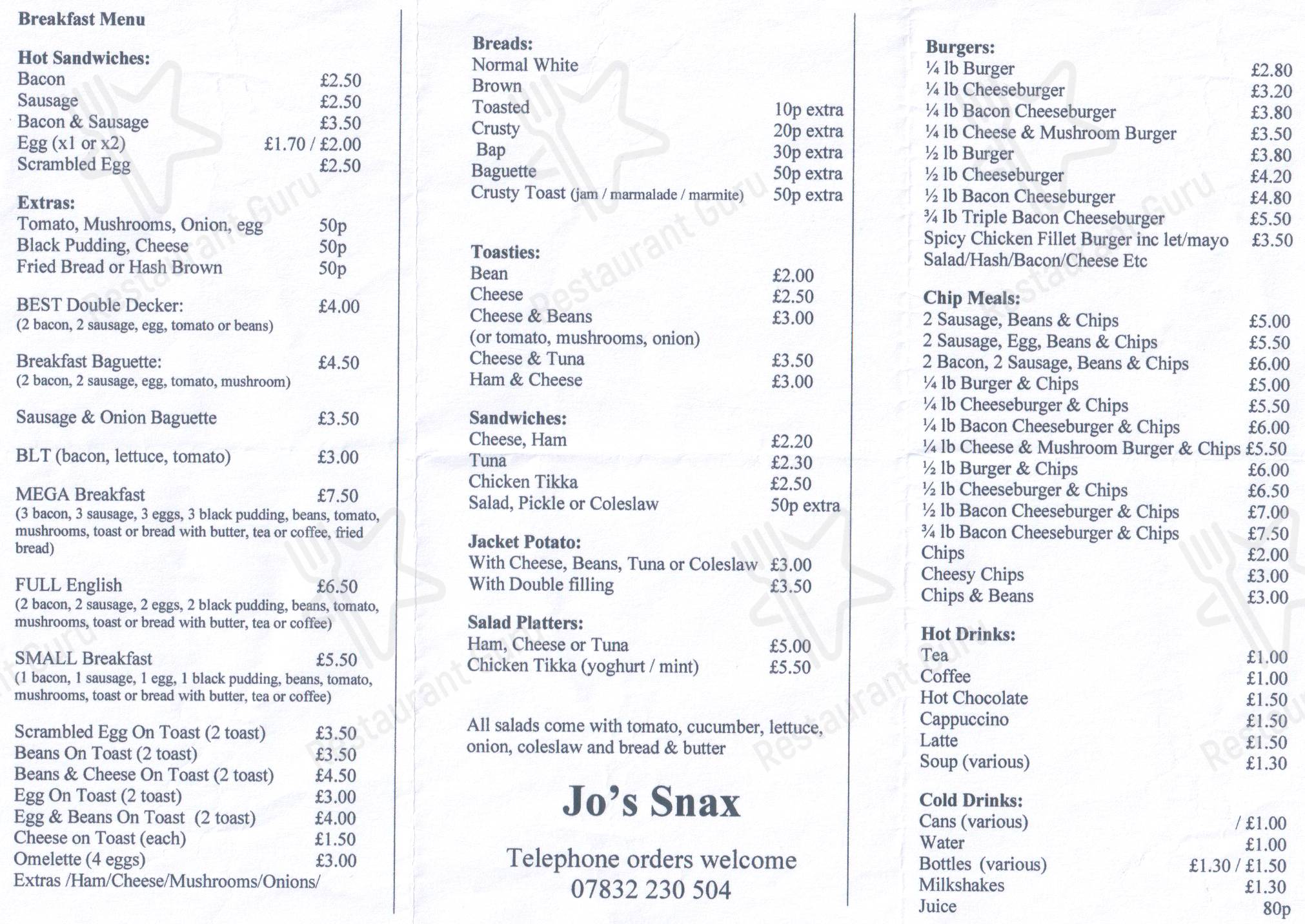 Menu at Jo’s Snax cafe, Birmingham