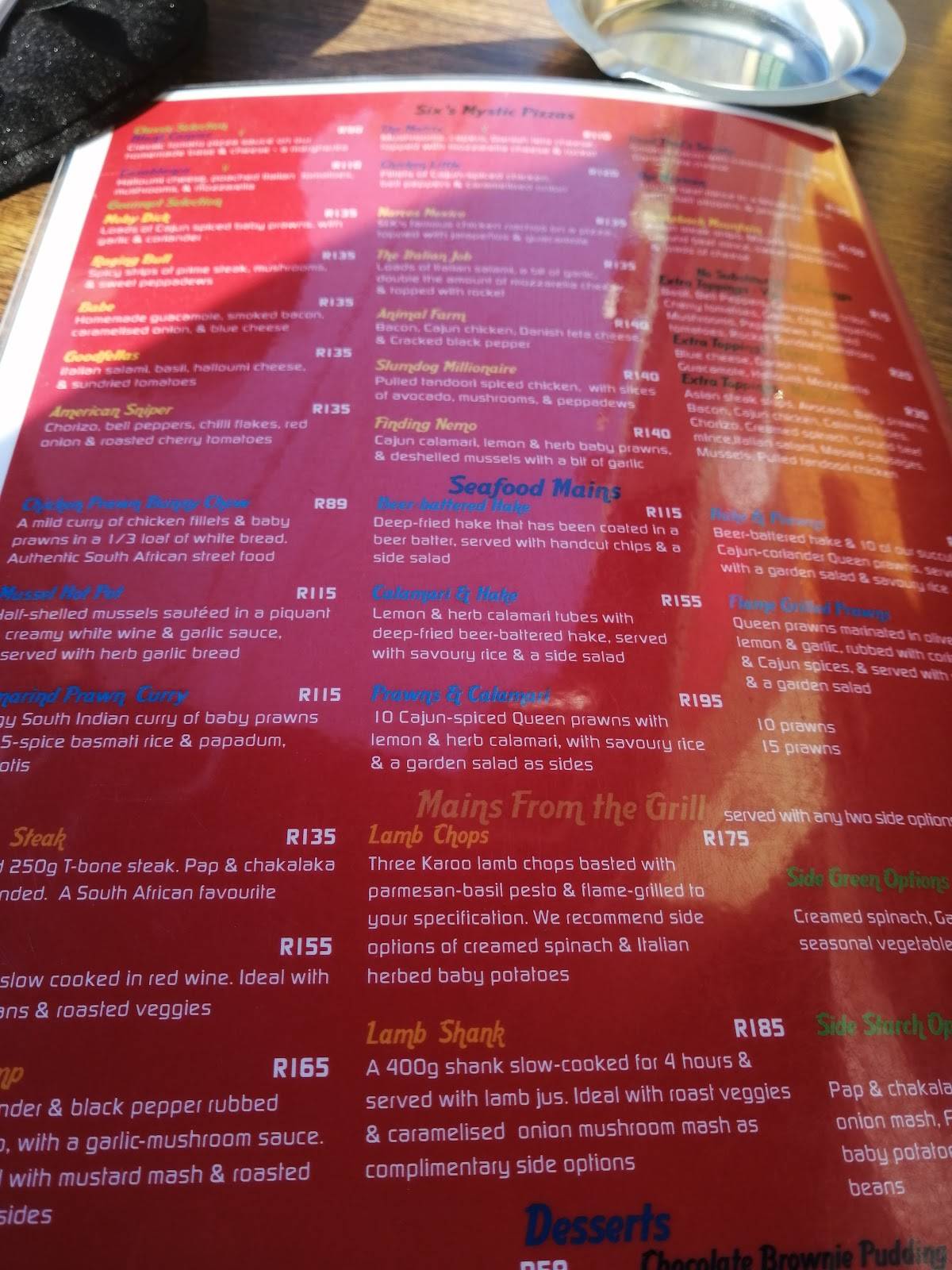 Menu at Six Cocktail Bar, Johannesburg