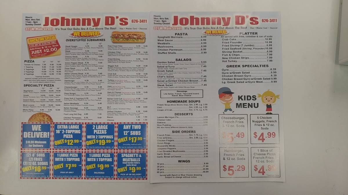 Menu at Johnny D's Pizza and Subs pizzeria, Clarksburg