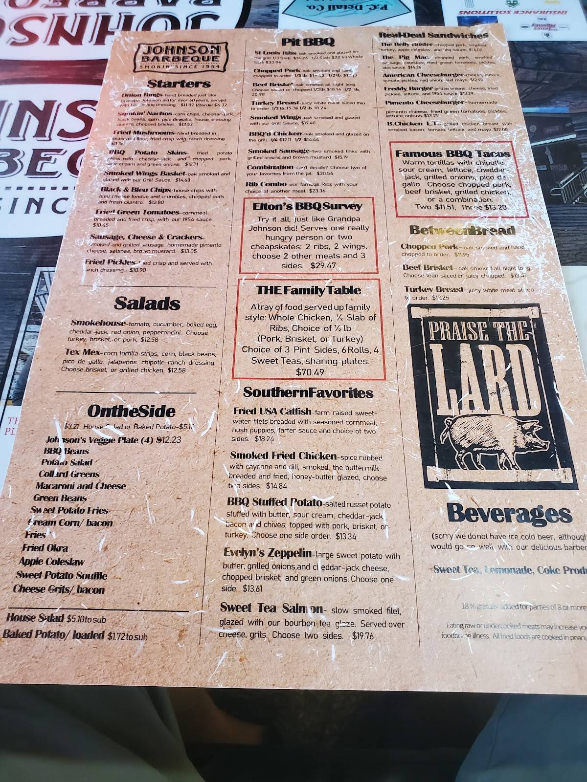 Menu at Johnson Barbeque, Plant City