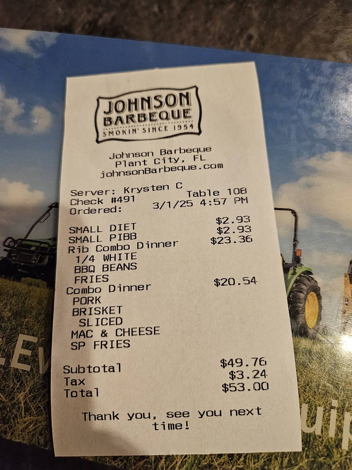 Menu at Johnson Barbeque, Plant City