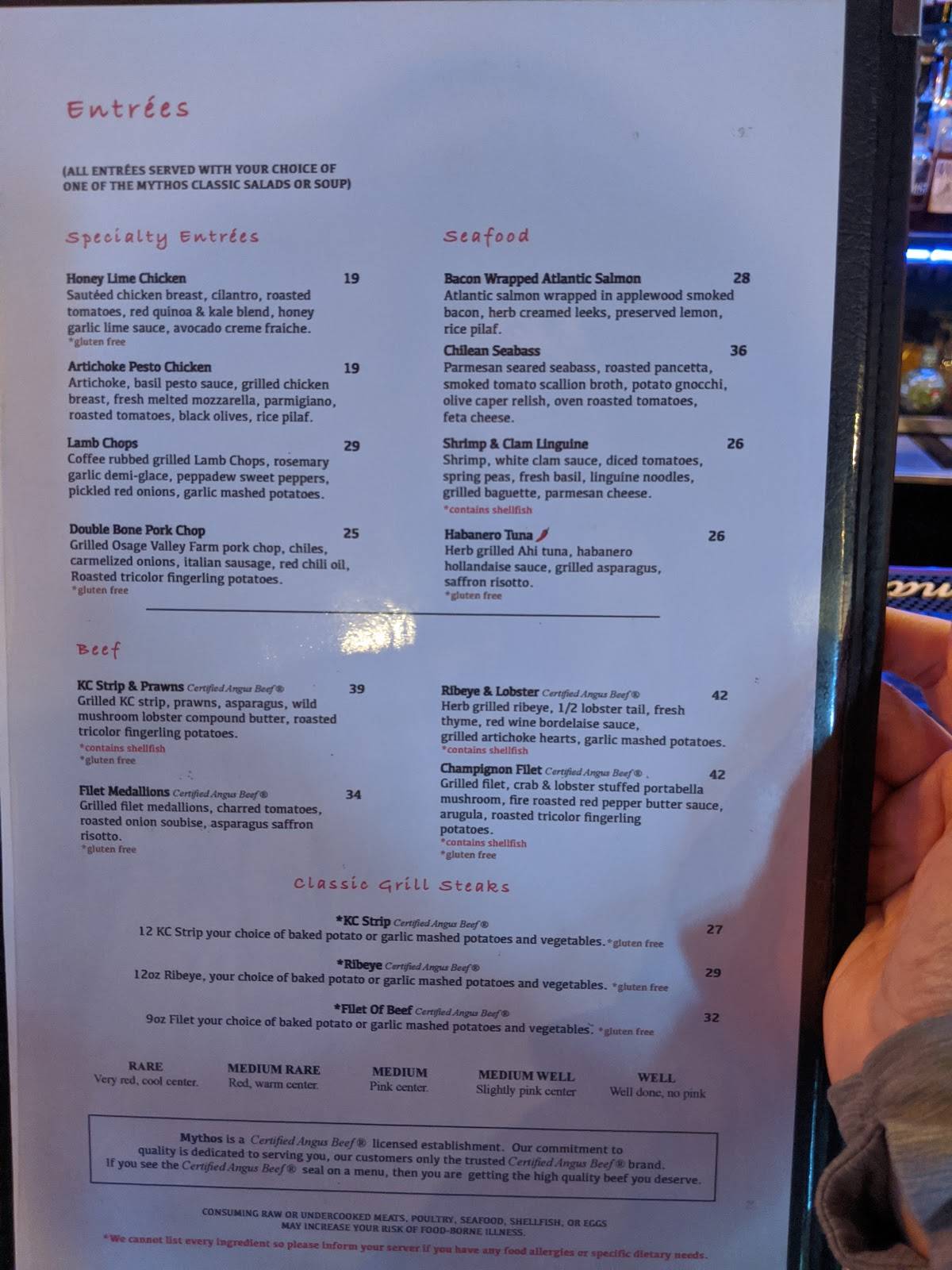 Menu at Mythos steakhouse, Joplin