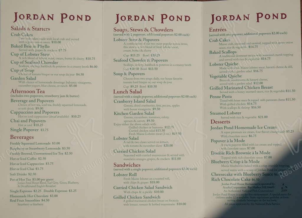 Menu at Jordan Pond House Restaurant, Mount Desert, Park Loop Rd