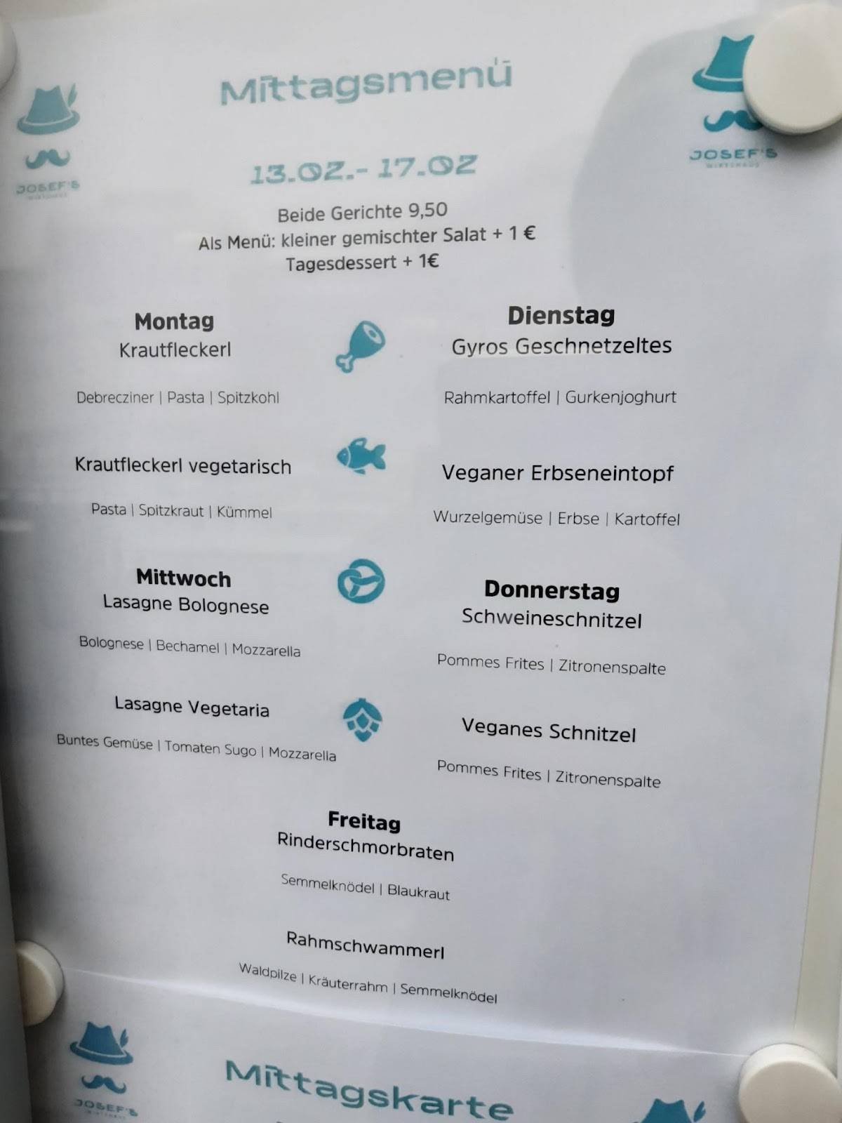 Speisekarte von Josef's Wirtshaus restaurant, Garching bei München