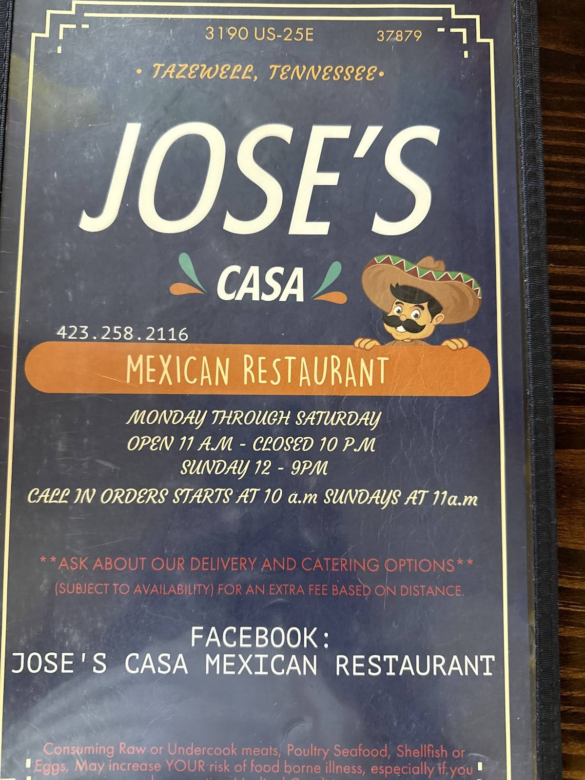 Menu at Jose's Casa Mexican Restaurant, Tazewell