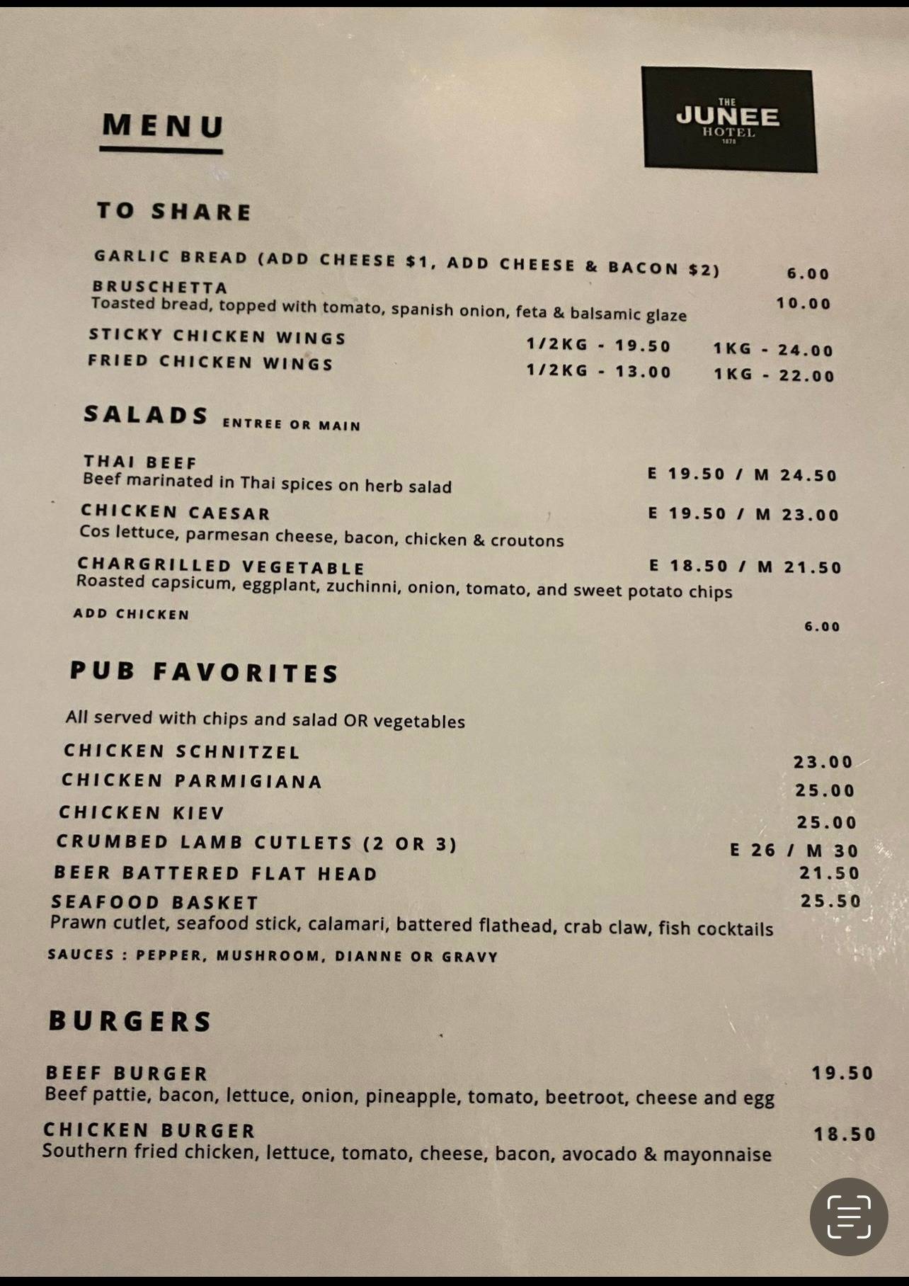Menu at Junee Hotel pub & bar, Junee