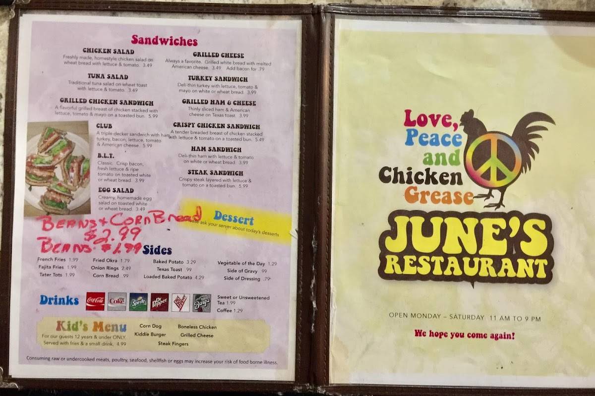 Menu at June's restaurant, Checotah