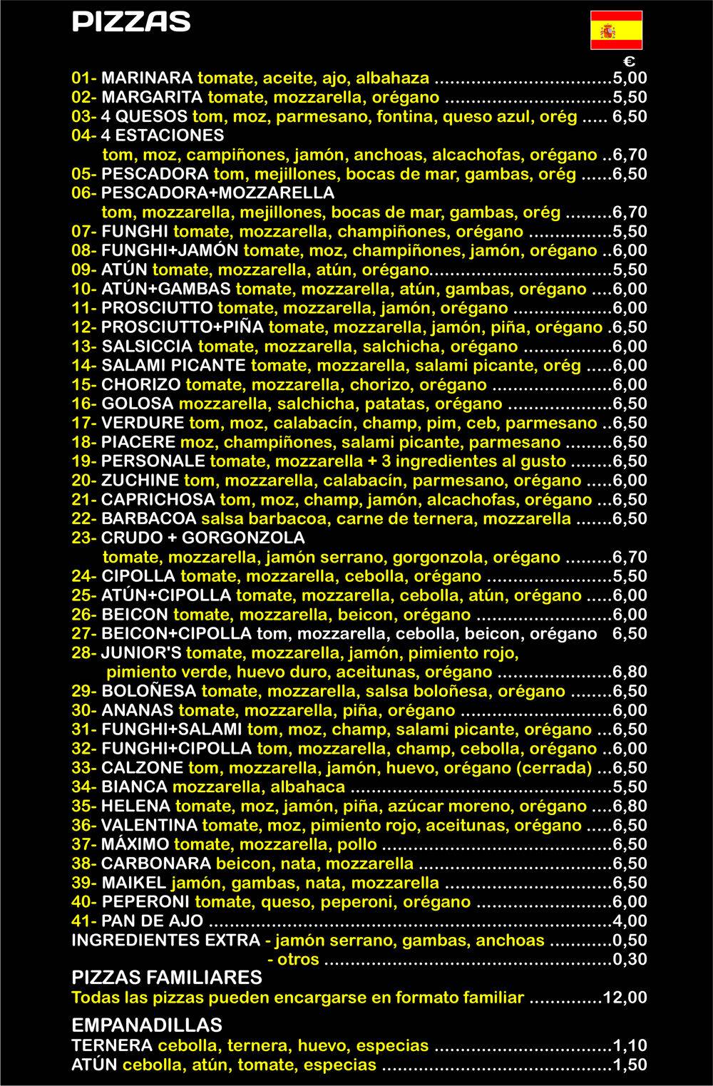 Carta de pizzería Junior's Pizza, Nerja