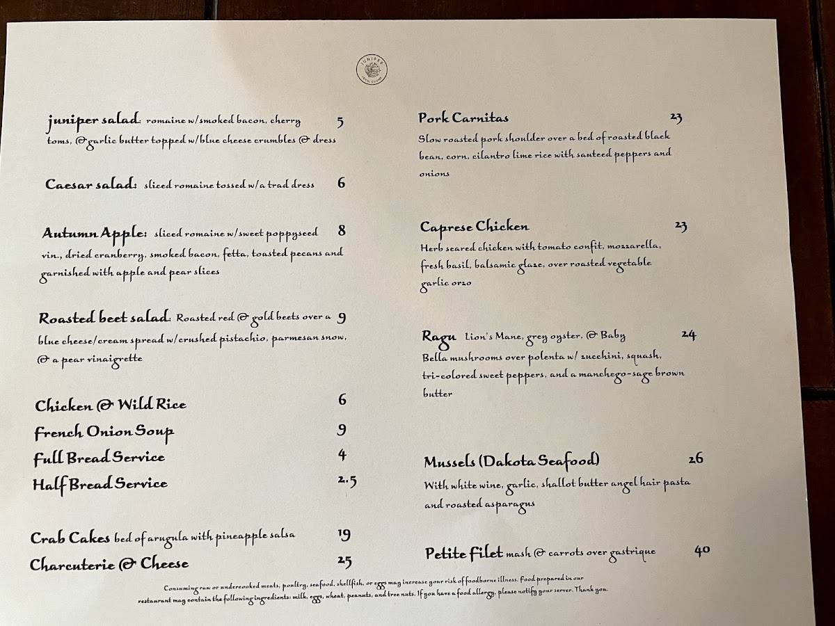 Menu at Juniper at Vertex pub & bar, Rapid City, 523 6th St