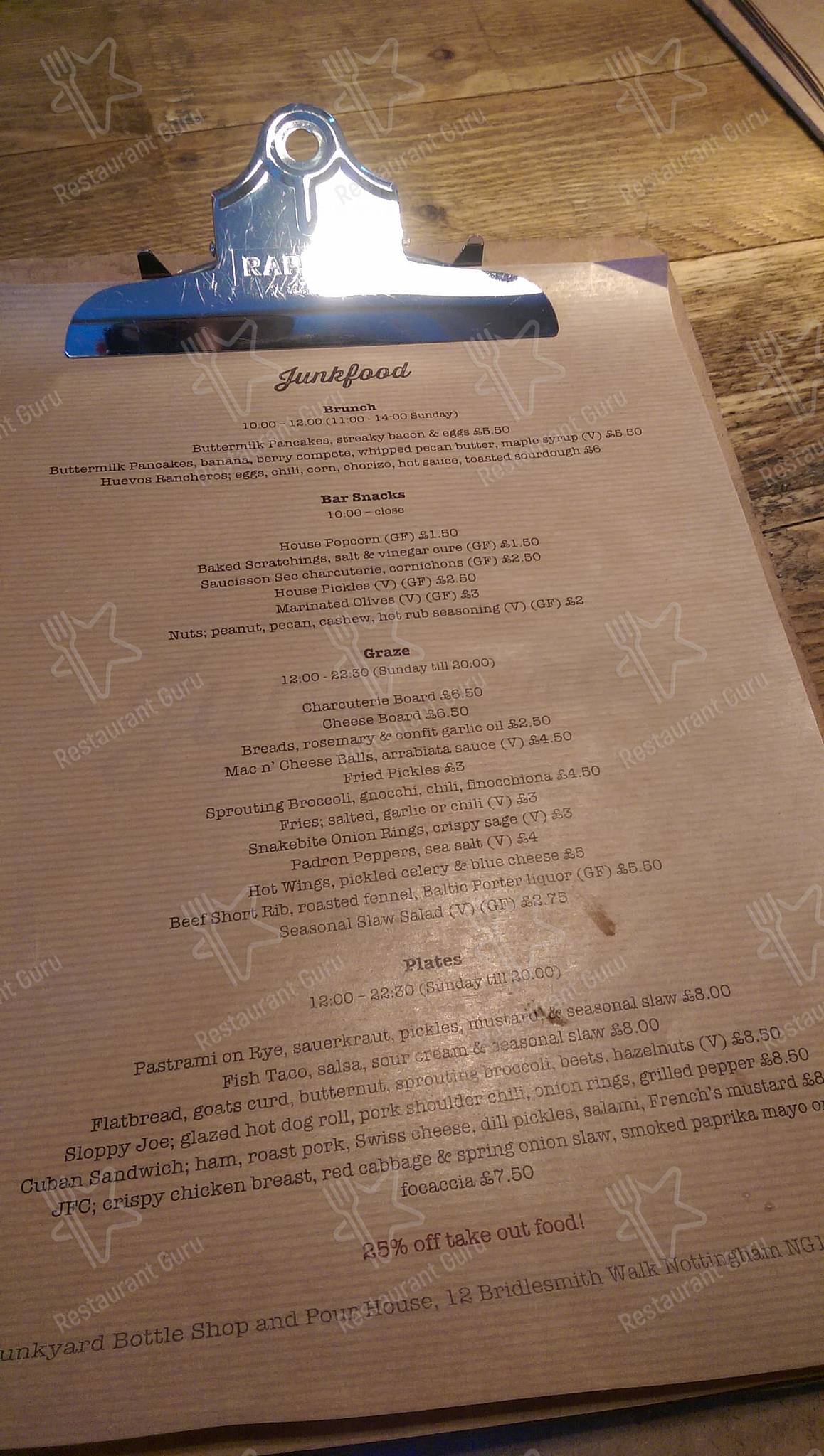 Menu at Junkyard Bottle Shop & Pour House pub & bar, Nottingham