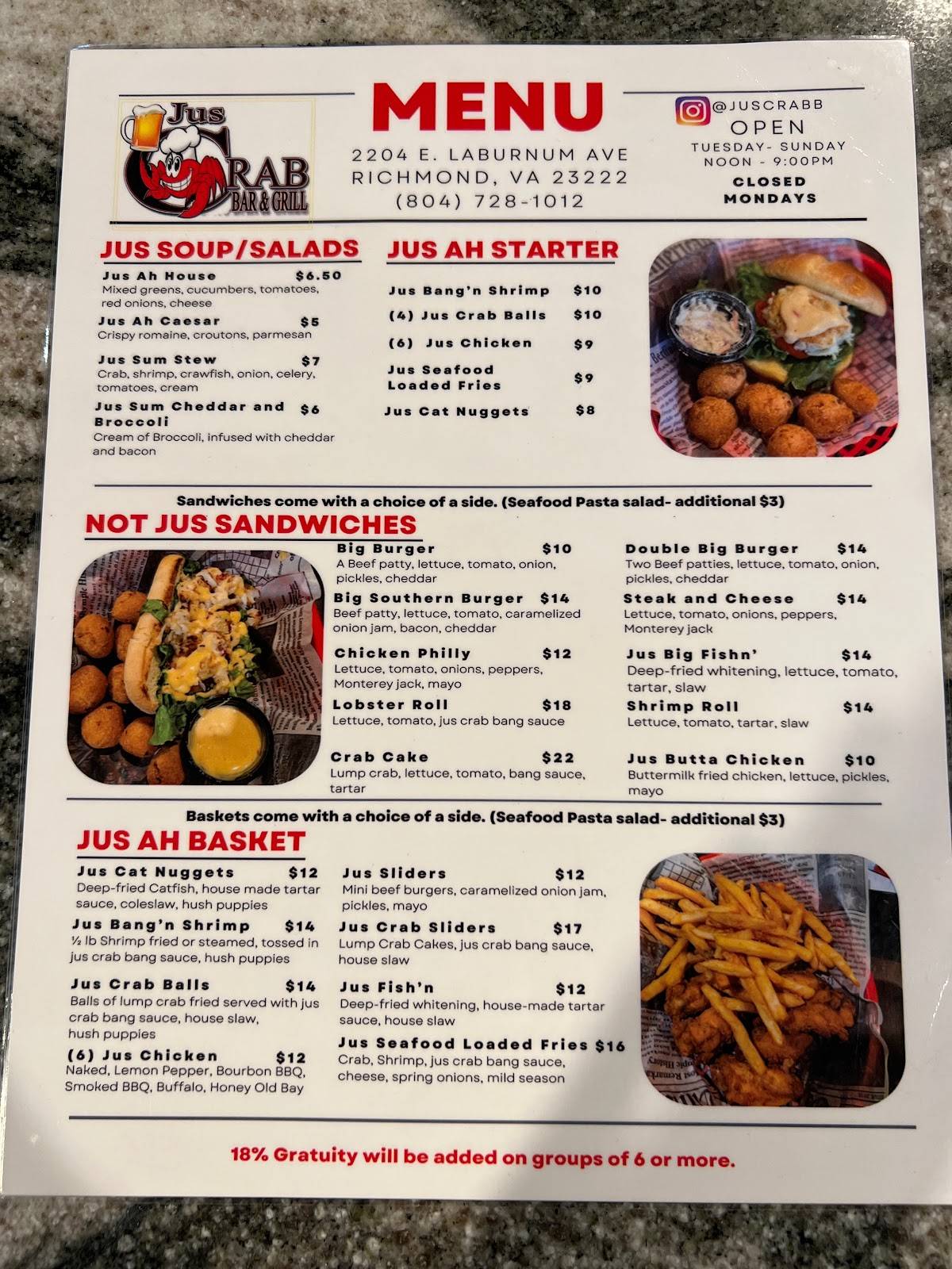 Menu at Jus Crab Bar & Grill, Richmond