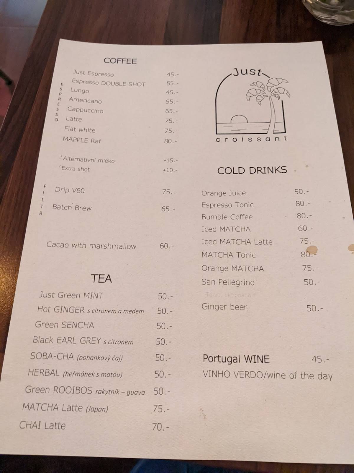Menu at Just Croissant cafe, Prague