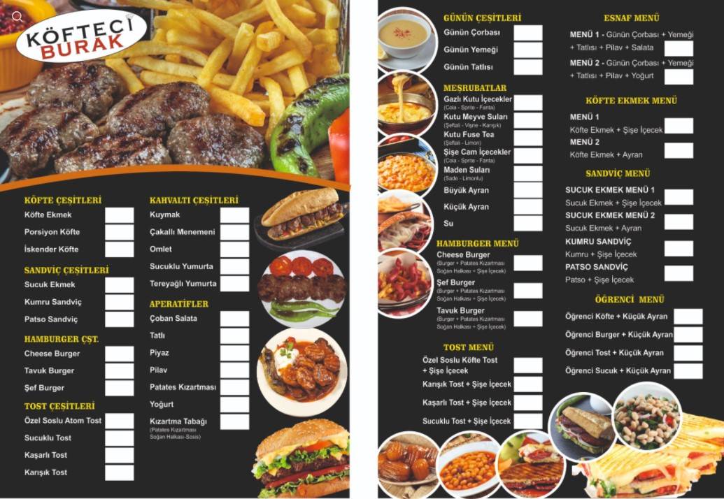 Menu at Köfteci Burak, Yakakent